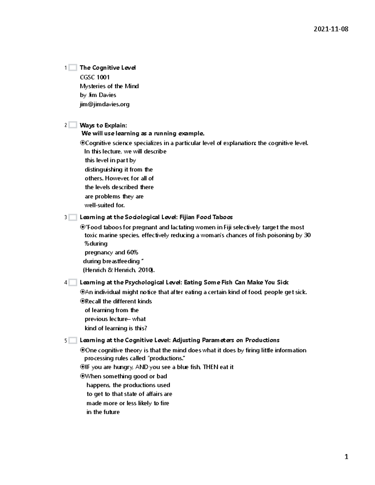 Lectures 7-13 - lecture - The Cognitive Level CGSC 1001 Mysteries of ...