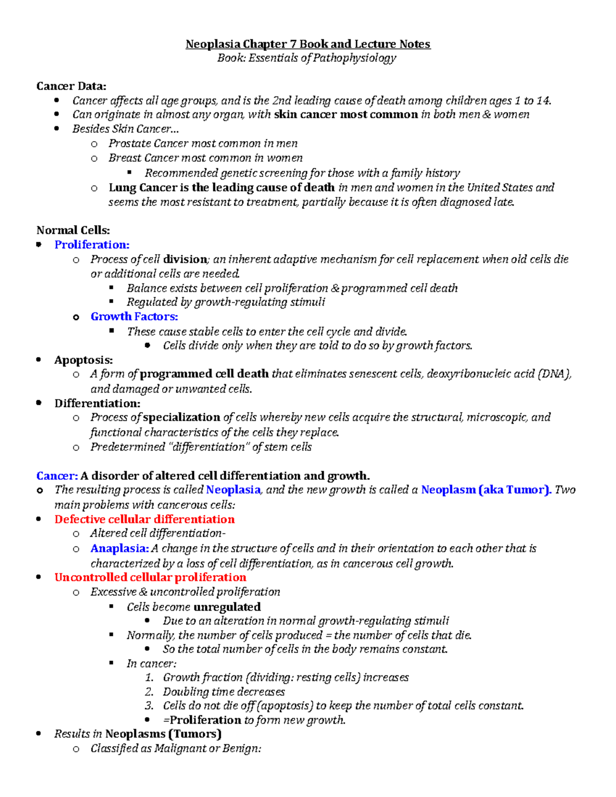 Test1 CH7 Neoplasms - Lecture notes Ch 7 neoplasm - Neoplasia Chapter 7 ...