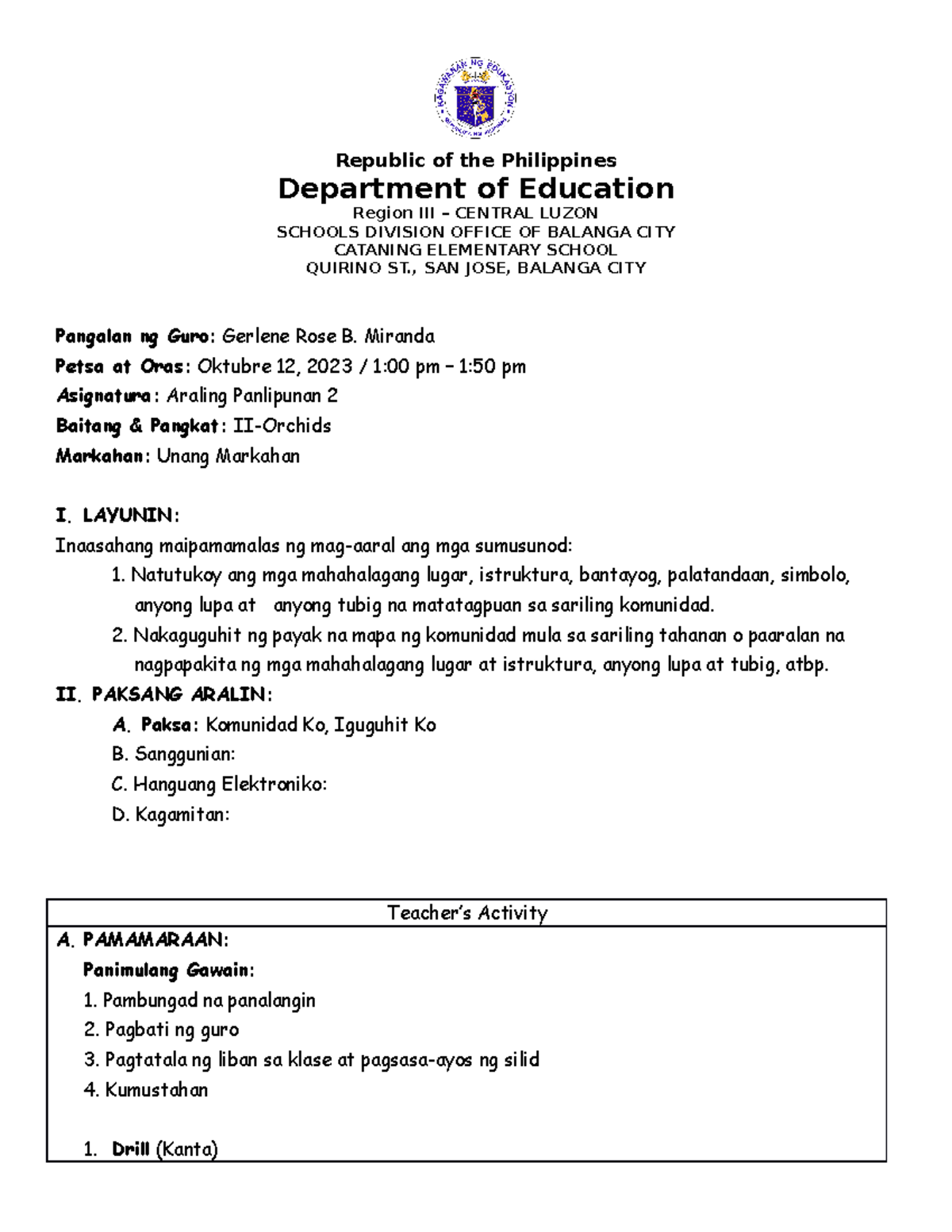 COT1 - Classroom Observation Week 6 Quarter 1 - Republic of the ...