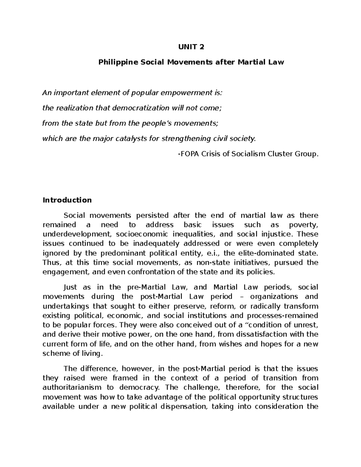 PHIL Polgov-Module 2 - None - UNIT 2 Philippine Social Movements after ...