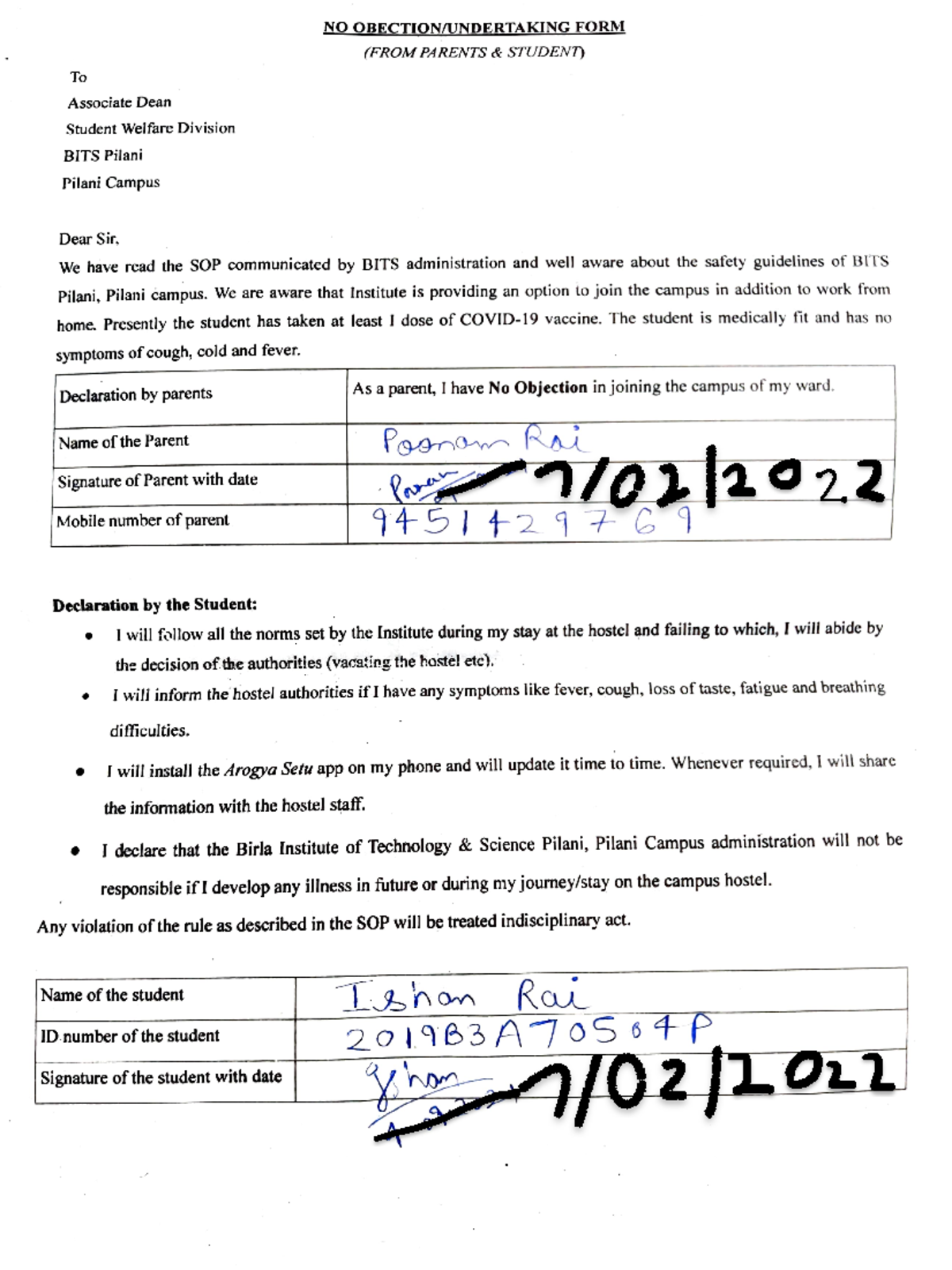 F2019 0504@pilani.bits-pilani.ac.in sssss - NO OBECTION/UNDERTAKING ...