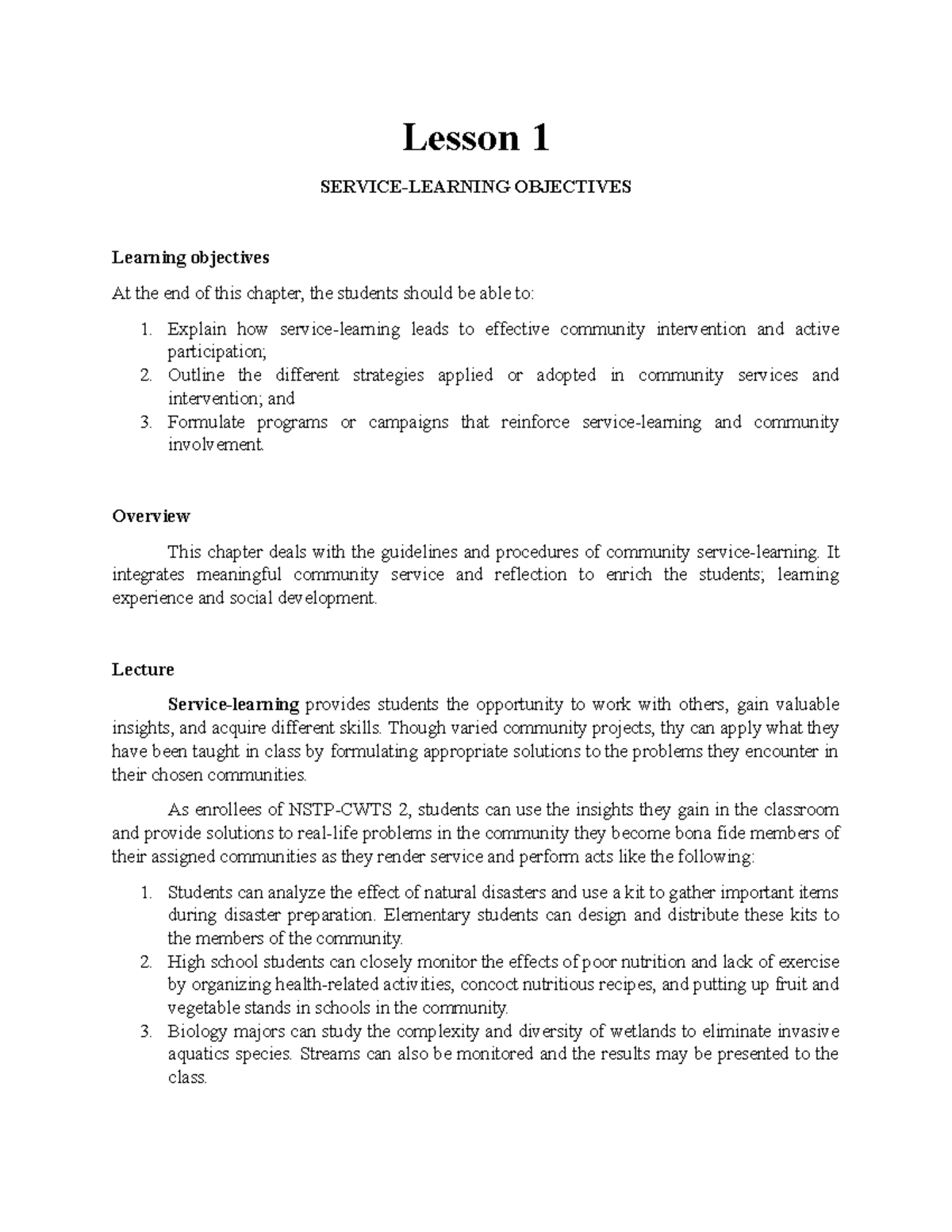 CWTS Module 1 - extra notes for this course - Lesson 1 SERVICE-LEARNING ...