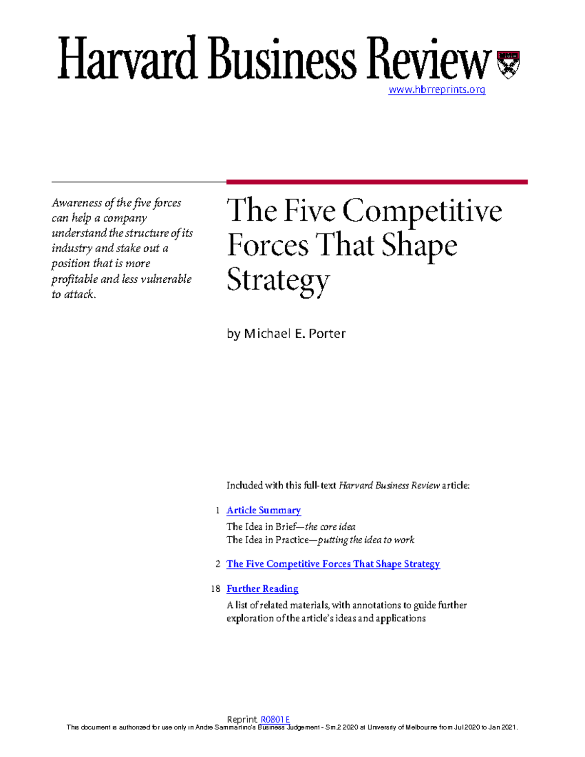 The 5 competition forces article - hbrreprints The Five Competitive ...