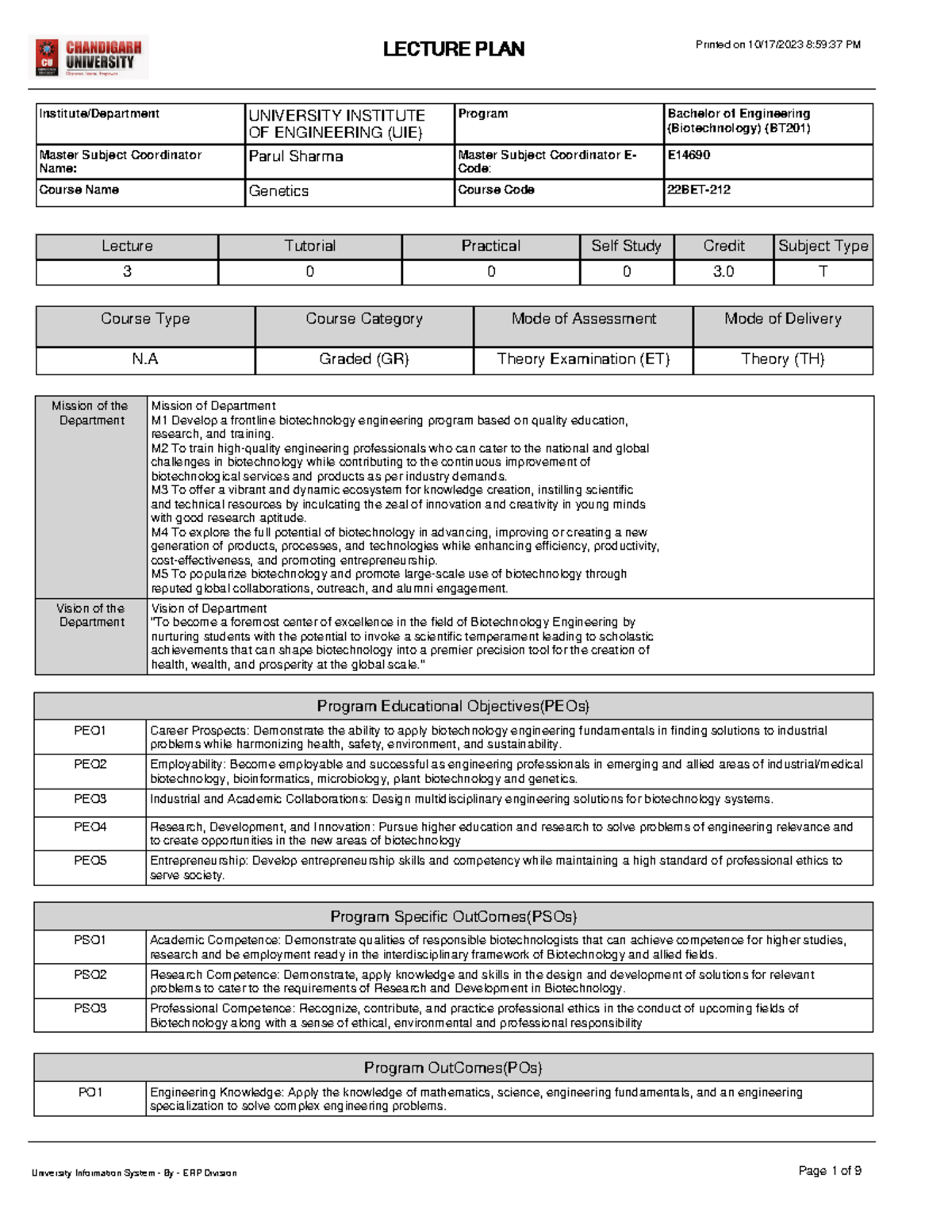 Lecture Plan BT201 22BET-212 - Program Educational Objectives(PEOs ...