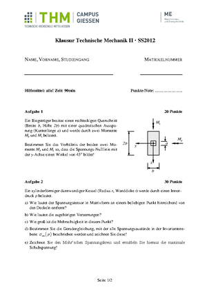 Formelsammlung Tm2 - Technische Mechanik 2 - THM - Studocu