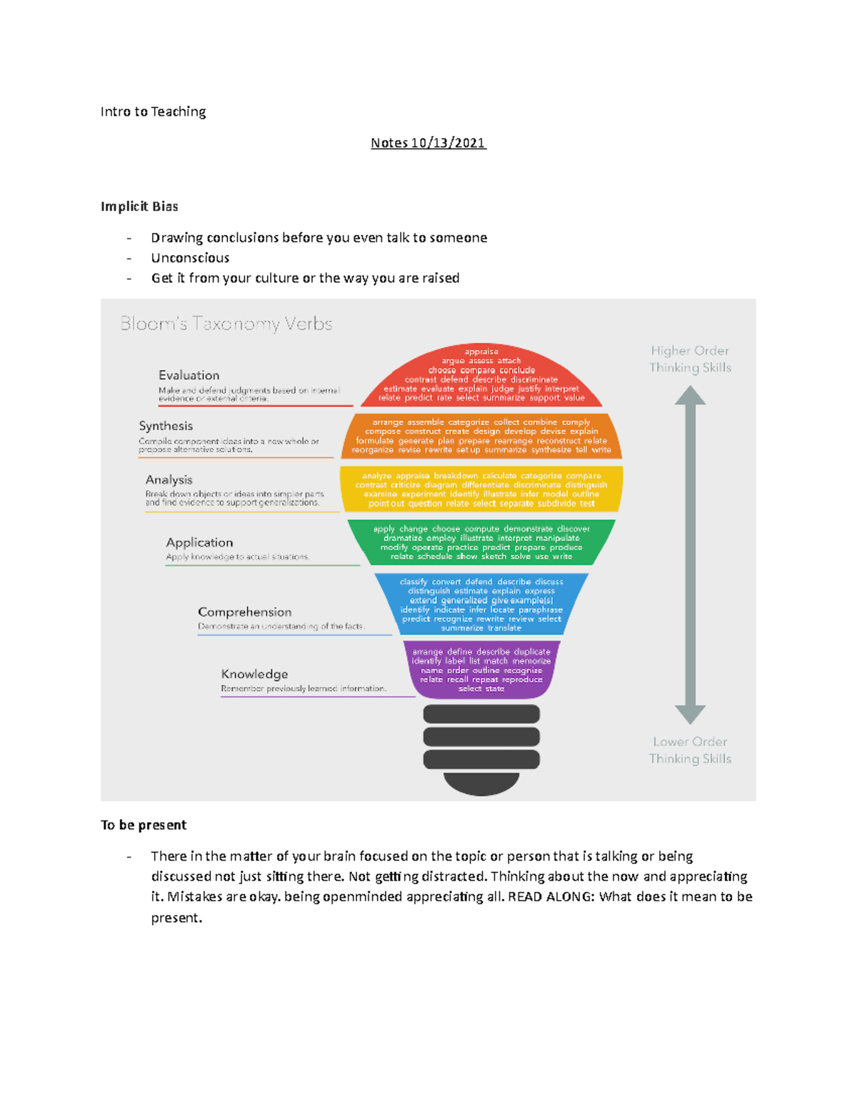 Intro to Teaching week 7 - Intro to Teaching Notes 10/13/ Implicit Bias ...