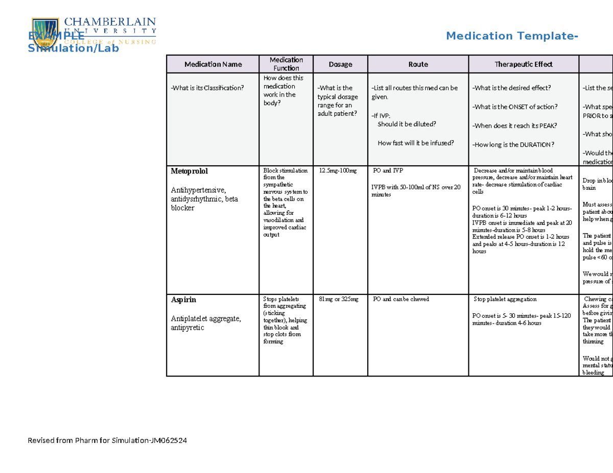 Medication Form- Example - EXAMPLE Medication Template- Simulation/Lab ...