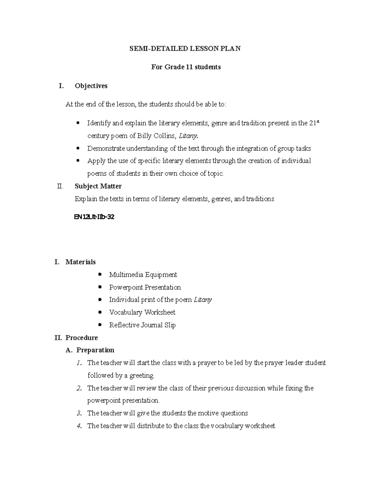 SEMI- Detailed Lesson PLAN For Grade 11 students - English - Studocu