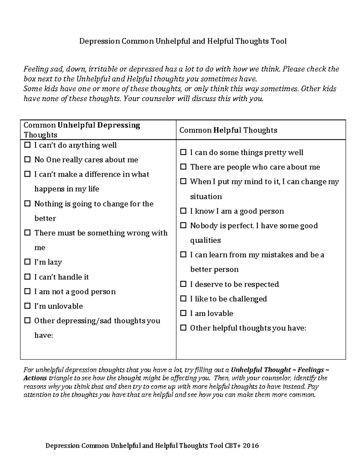 * Handout.CBT Depression Common Unhelpful Helpful Thoughts Tool 2016 ...