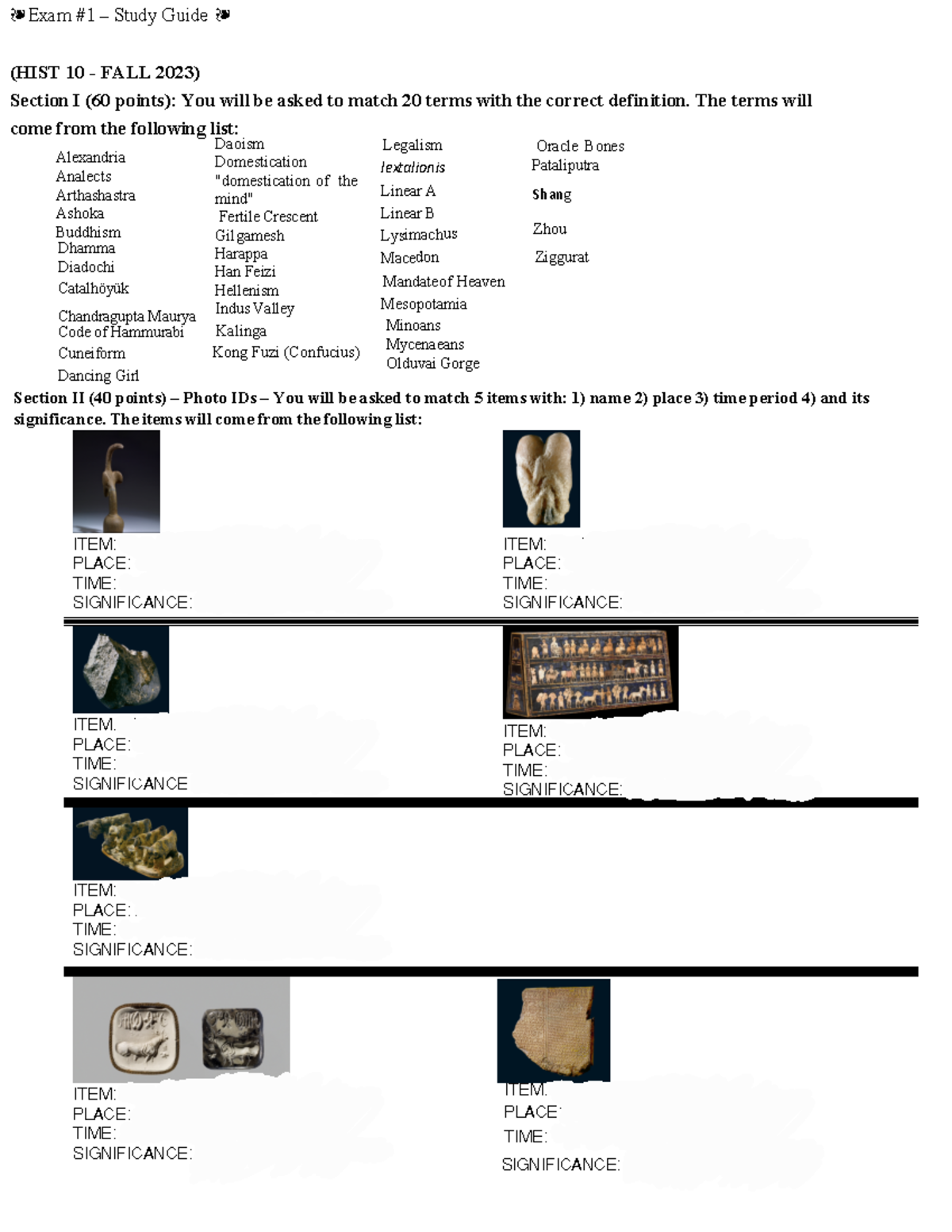 HIST 10 Exam 2 2023 - Exam #1 – Study Guide (HIST 10 - FALL 2023) Section I (60 points): You ...