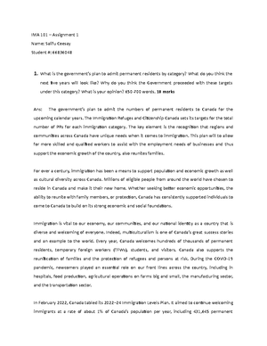 IMA 101-Assigment 2 - Immigration law - IMA 101 – Assignment 2 Name: Salifu Ceesay Student ...