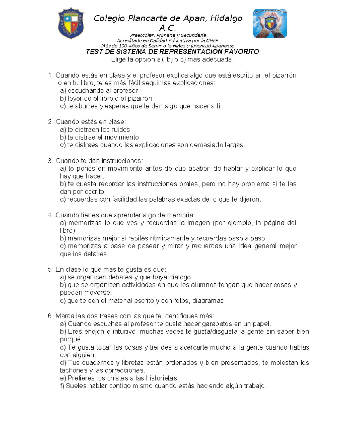 Test vak - ESTILOS DE APRENDIZAJE - Colegio Plancarte de Apan, Hidalgo ...