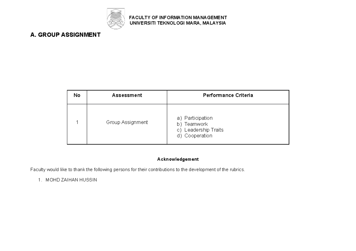 Group Assignment Rubrics - FACULTY OF INFORMATION MANAGEMENT UNIVERSITI ...