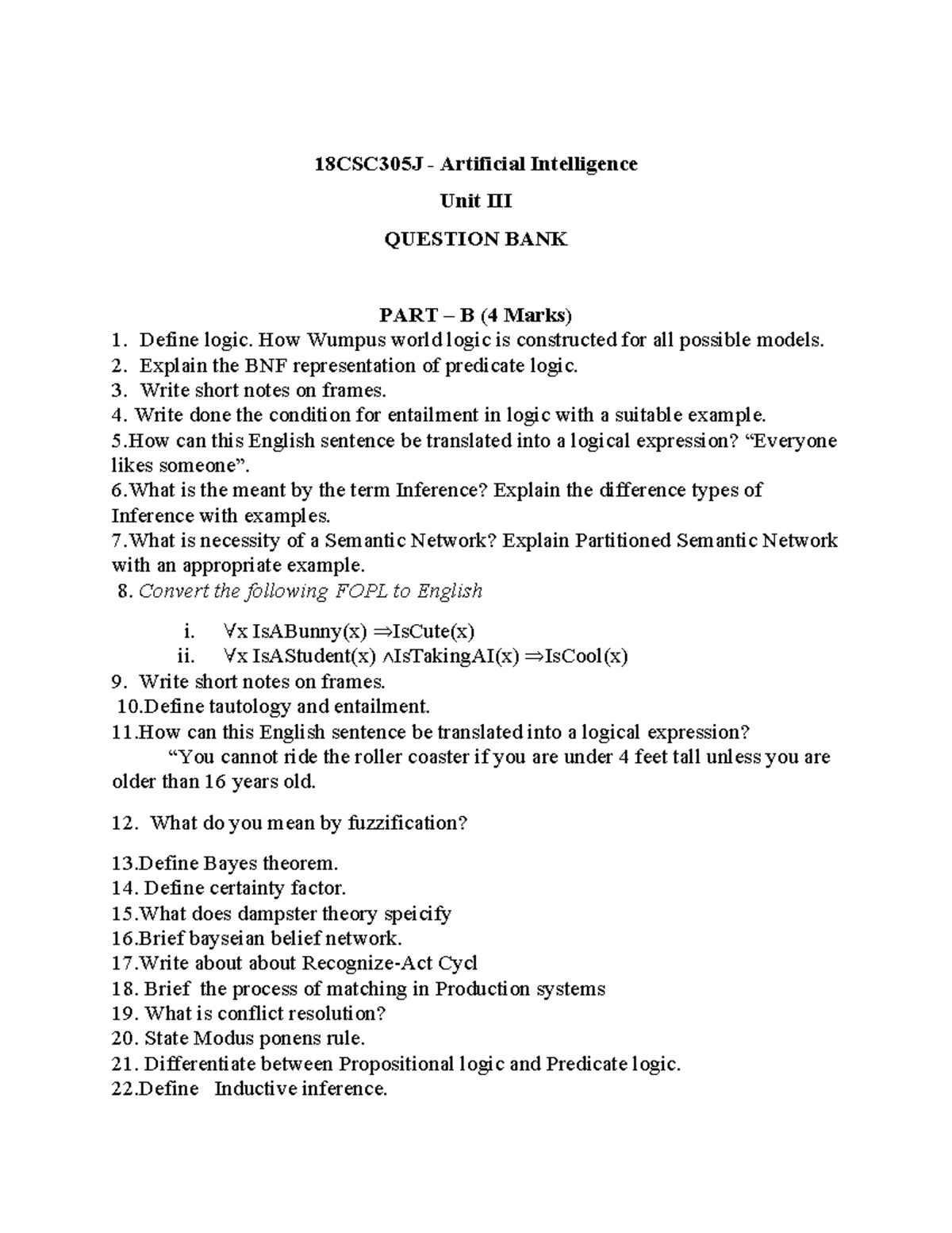 AI UNIT3 QB - 18CSC305J - Artificial Intelligence Unit III QUESTION BANK PART – B (4 Marks ...