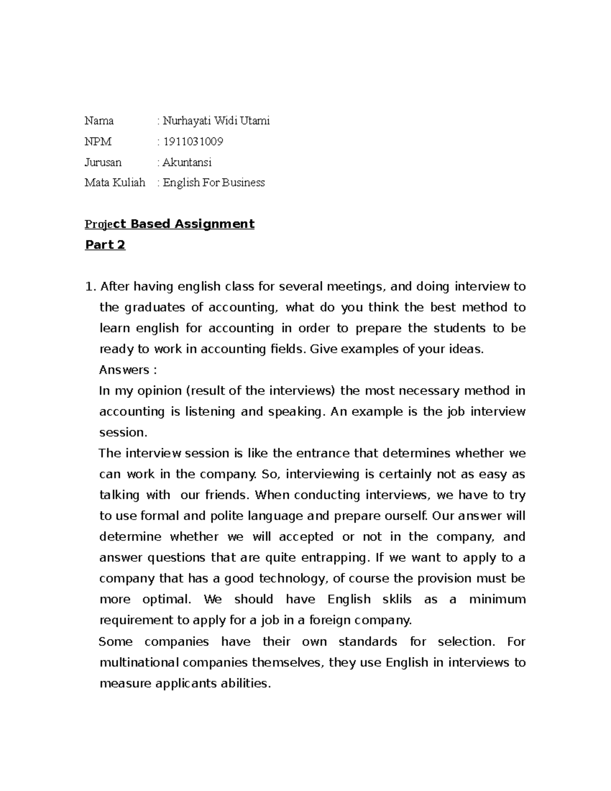 Project Based Assignment Part 2 - Nama : Nurhayati Widi Utami NPM ...