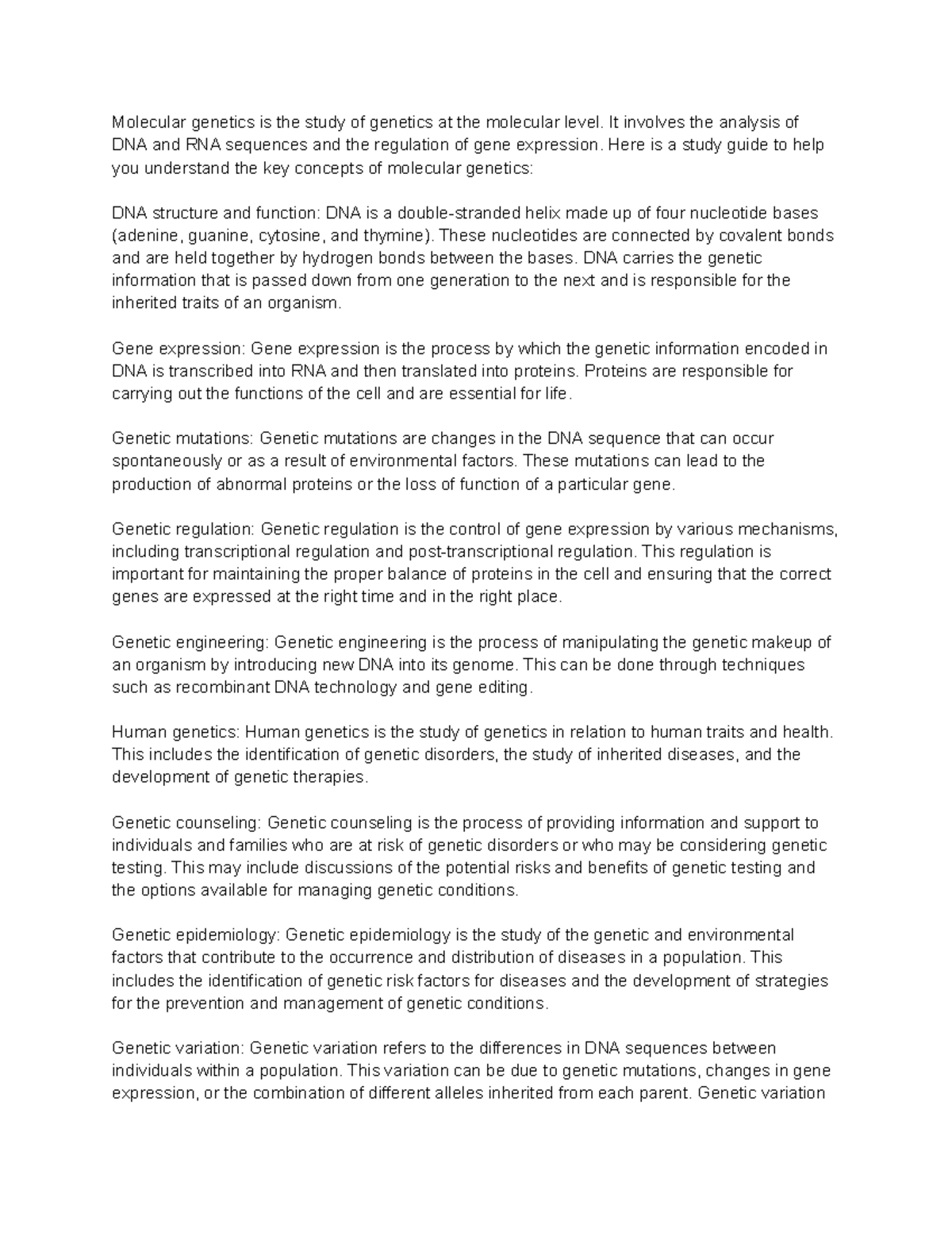 Molecular genetics study guide - Molecular genetics is the study of ...