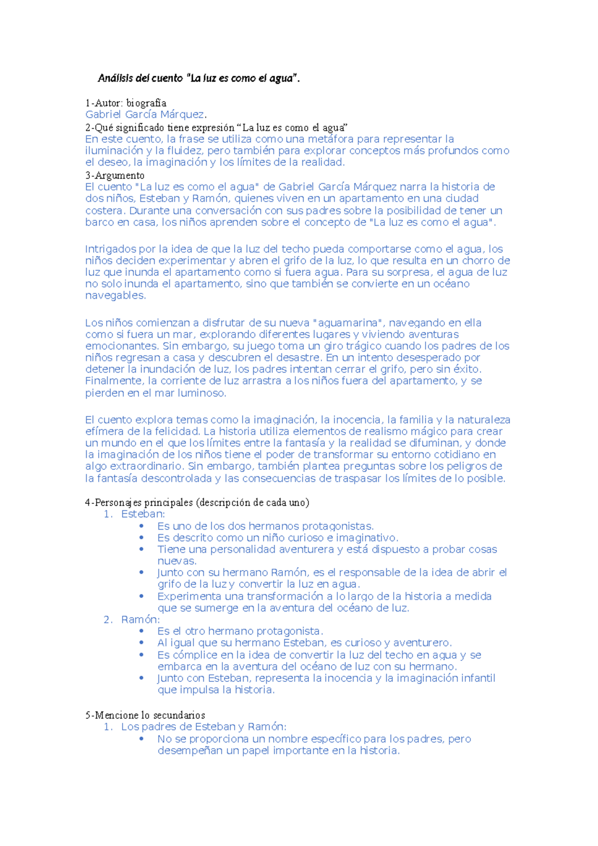 Análisis del cuento La luz es como el agua - 1-Autor: biografía Gabriel ...