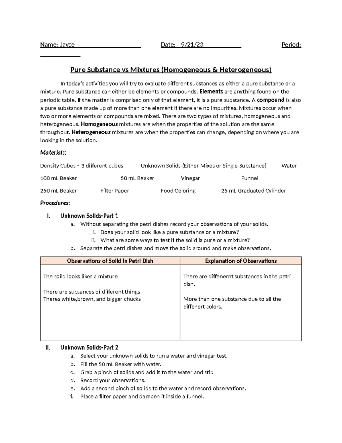 Pure Substance vs Mixtures (Homogeneous & Heterogeneous)-2 - Name ...