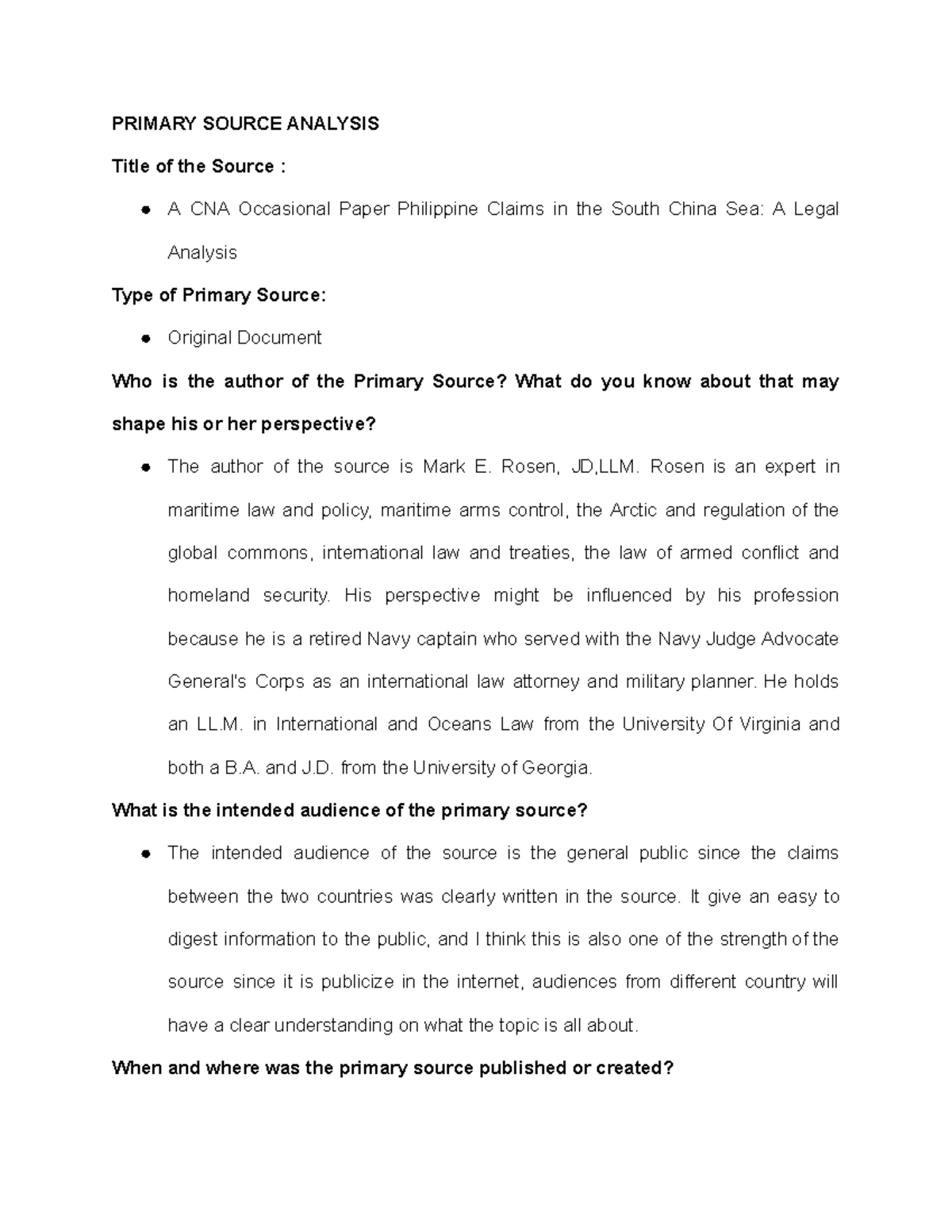 Primary Source Analysis - PRIMARY SOURCE ANALYSIS Title of the Source ...