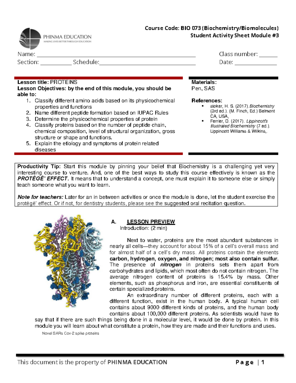 SAS for Biochemistry BIO 024 Module 3 - Student Activity Sheet Module ...