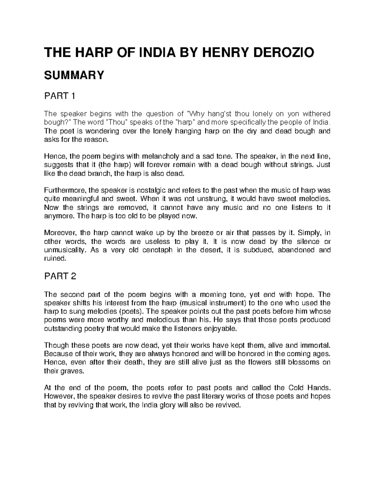 6th Sem H CC-14 THE HARP OF India BY Henry Derozio - Summary Sucheta Adak 27-07-2021 - THE HARP ...