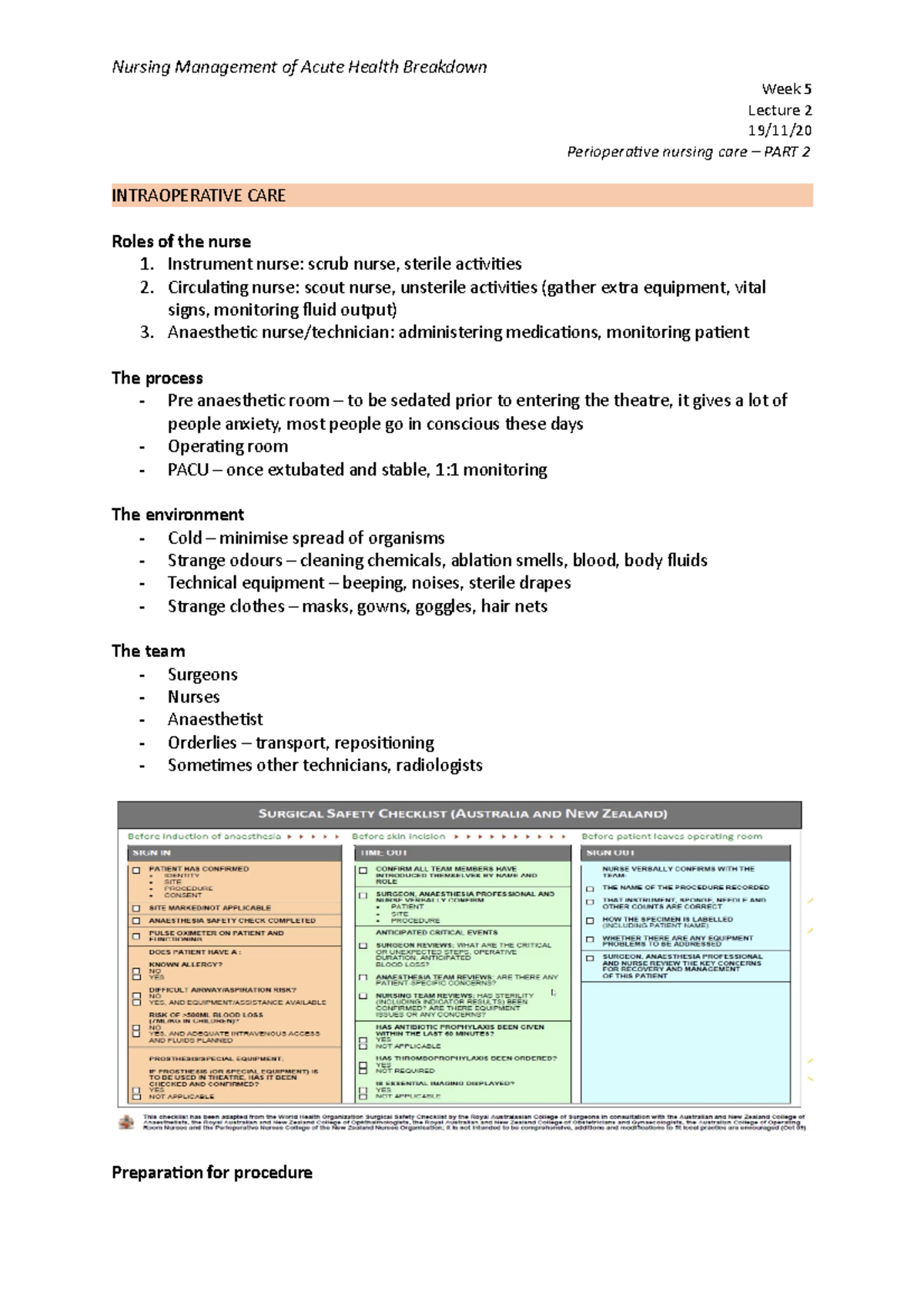 Week 5, Lecture 2 - Nursing Management of Acute Health Breakdown Week 5 ...
