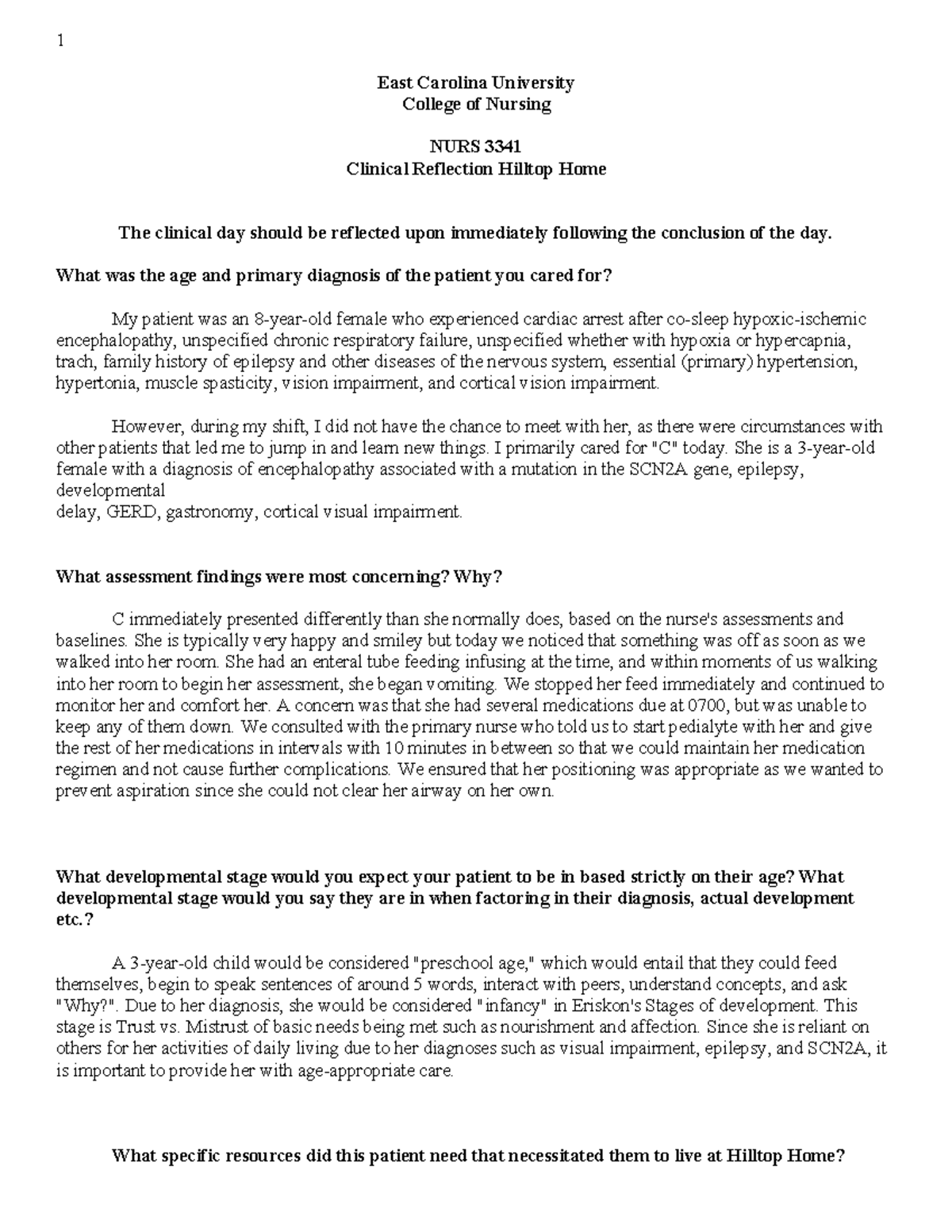 Example HTH Reflection - 1 East Carolina University College of Nursing ...