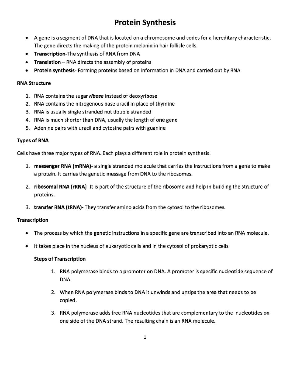 Protein Synthesis notes - General Business - Studocu
