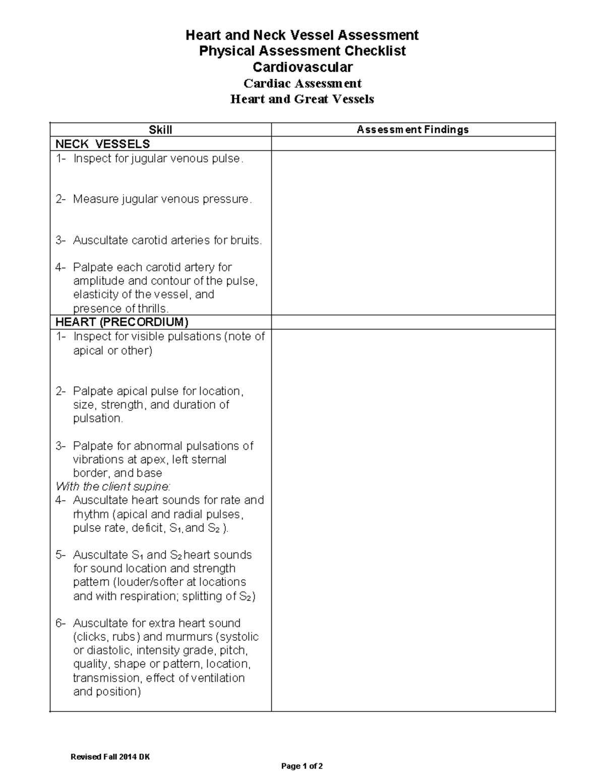 Cardiac Assessment Blank - Heart and Neck Vessel Assessment Physical ...