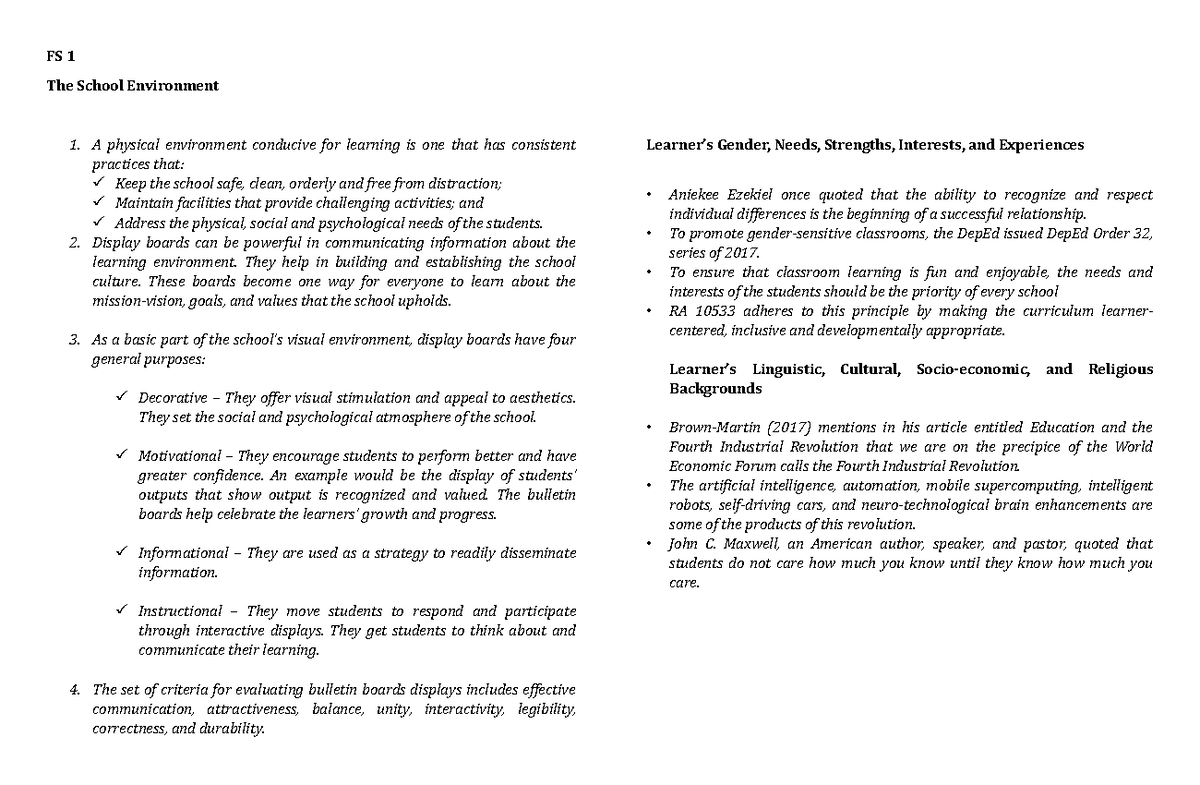 Field Study 1 Reviewer - FS 1 The School Environment 1. A physical ...