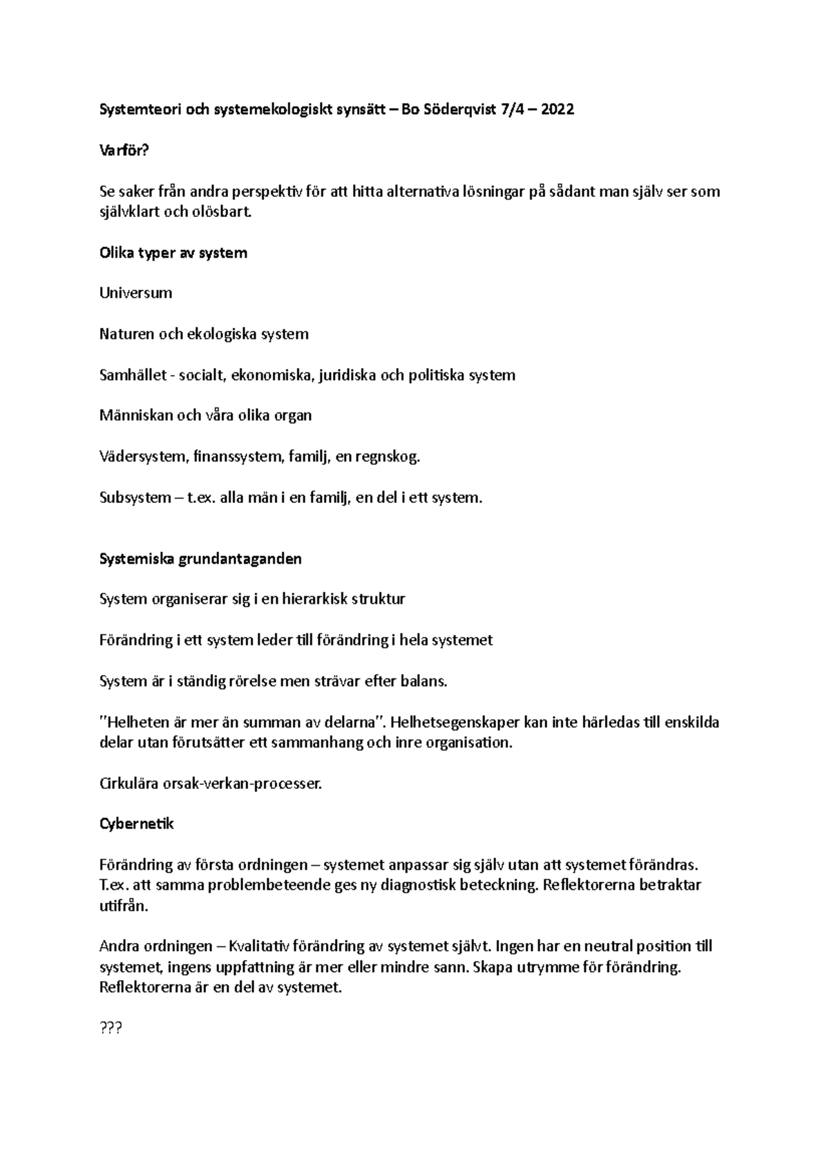 Systemteori och systemekologiskt synsätt - Olika typer av system ...