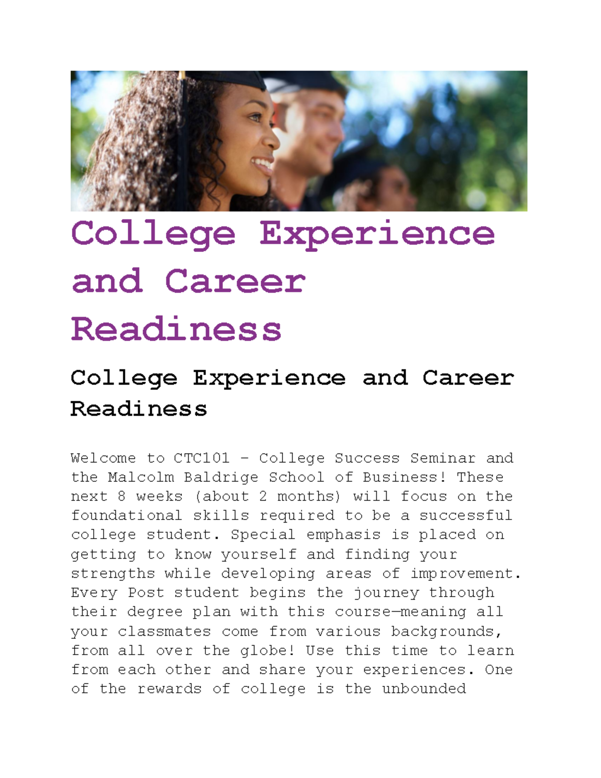 College Experience and Career Readiness - College Experience and Career ...