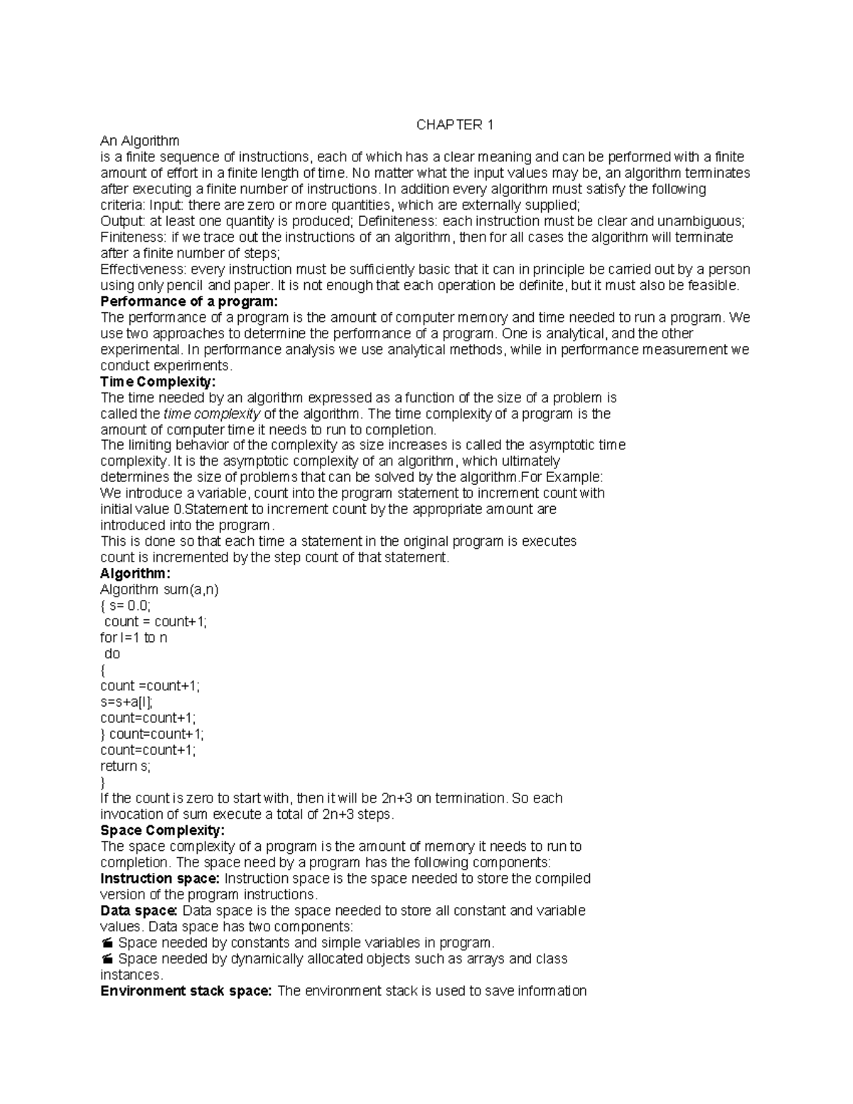 Ana 1 - Aoa notes for mu - CHAPTER 1 An Algorithm is a finite sequence ...