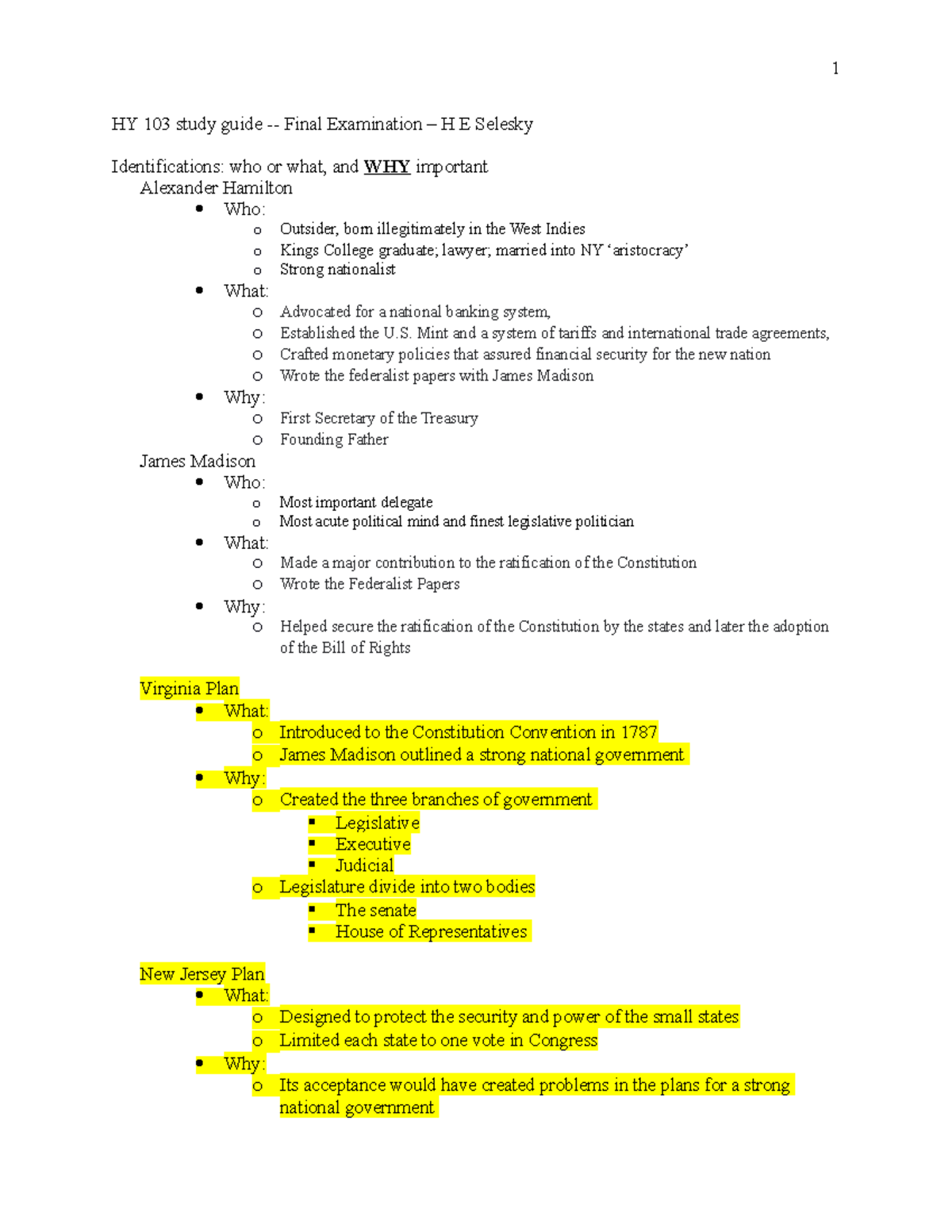 HY 103 Final Exam study guide - 2022 - HY 103 study guide - Final Examination – H E Selesky ...