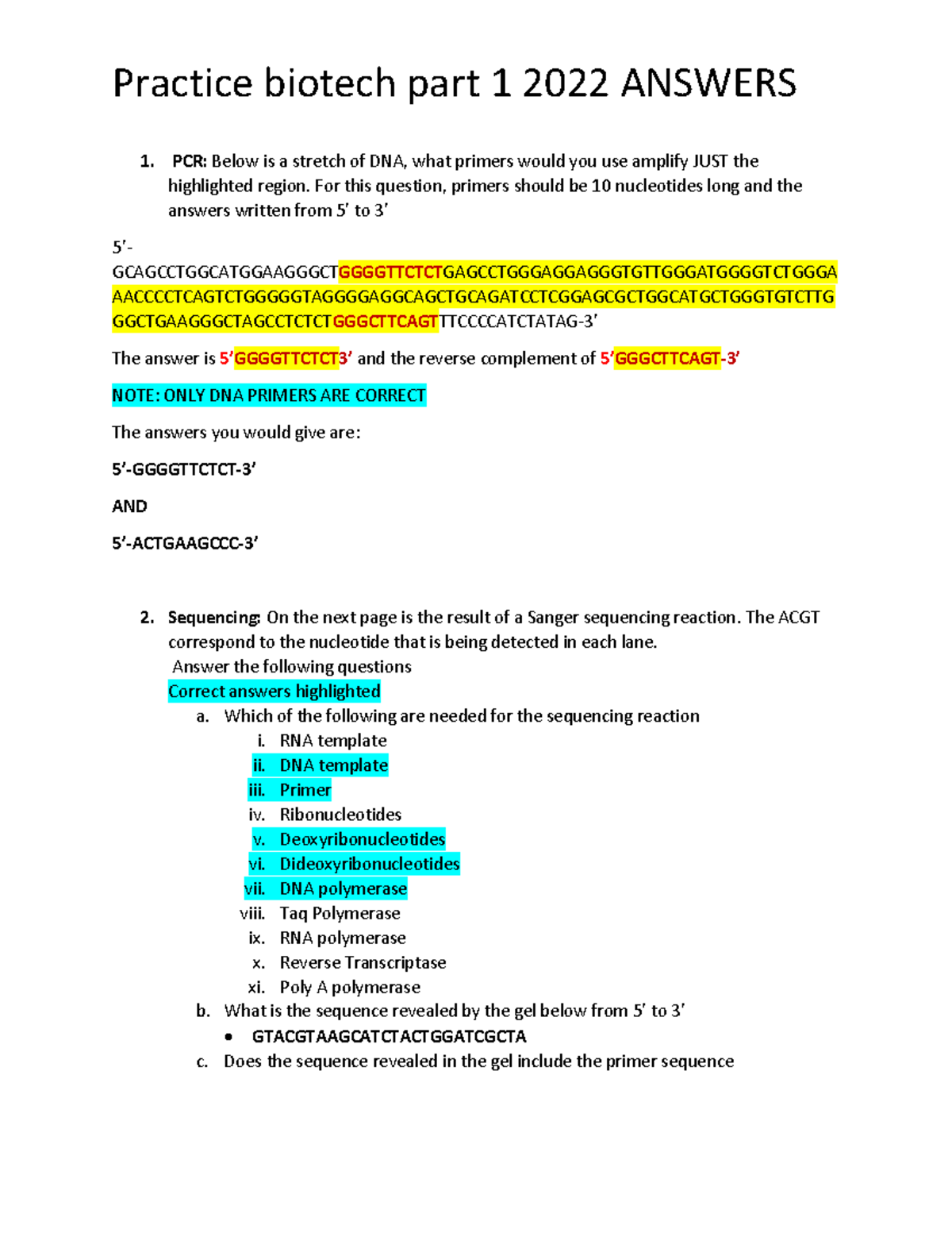 Practice for Biotech part 1 answers 1 - 1. PCR: Below is a stretch of ...