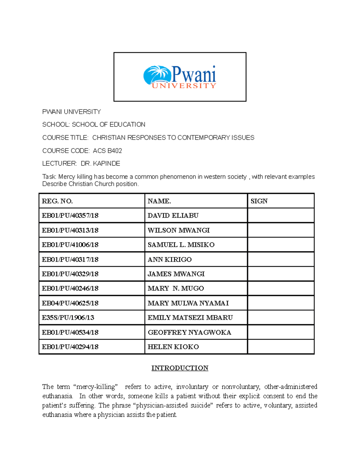 ACS Kapinde Euthanasia Final - PWANI UNIVERSITY SCHOOL: SCHOOL OF ...