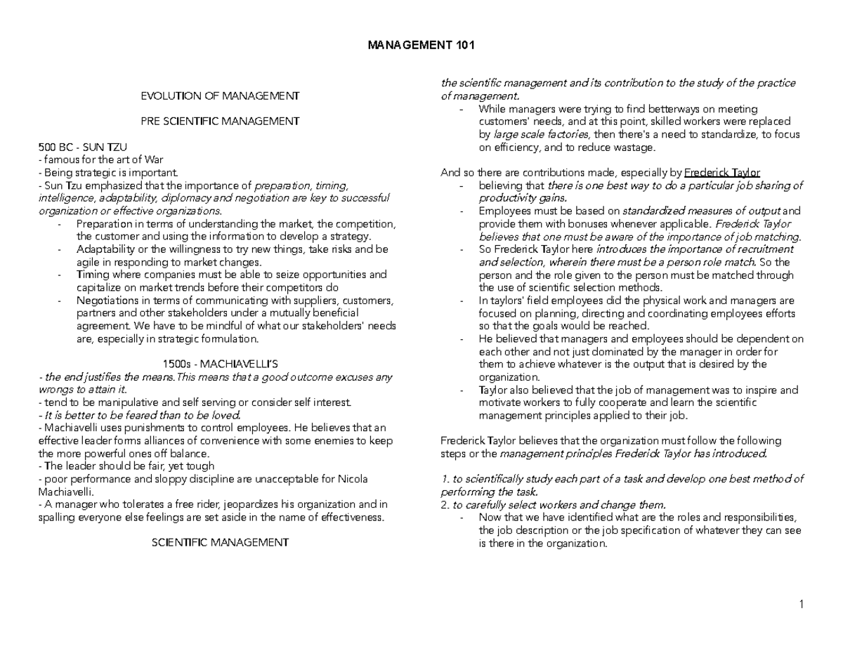 Management 101 - MANAGEMENT 101 EVOLUTION OF MANAGEMENT PRE SCIENTIFIC ...