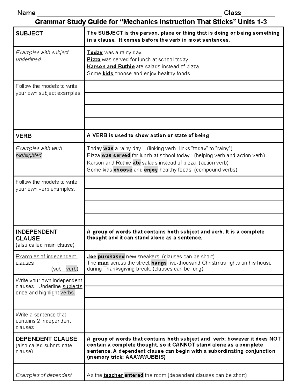 Study Guide MITS 1-3 - Grammar - Name