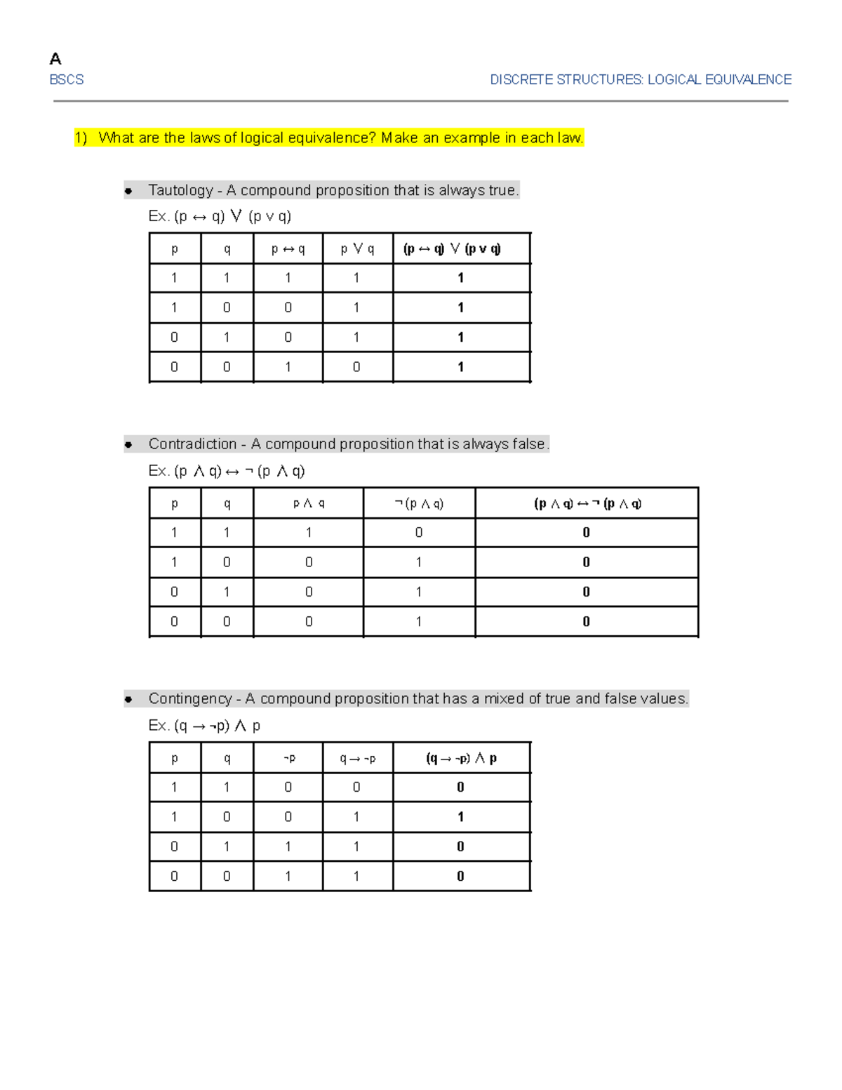 Assignment - DISCRETE STRUCTURES: LOGICAL EQUIVALENCE 1) What are the ...