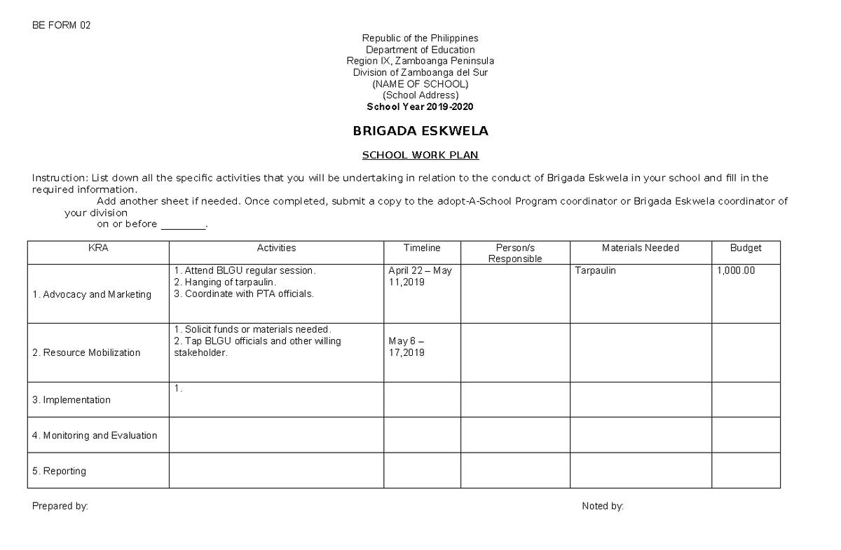 Brigada Eskwela Form 2 School Work Plan - BE FORM 02 Republic of the Philippines Department of ...
