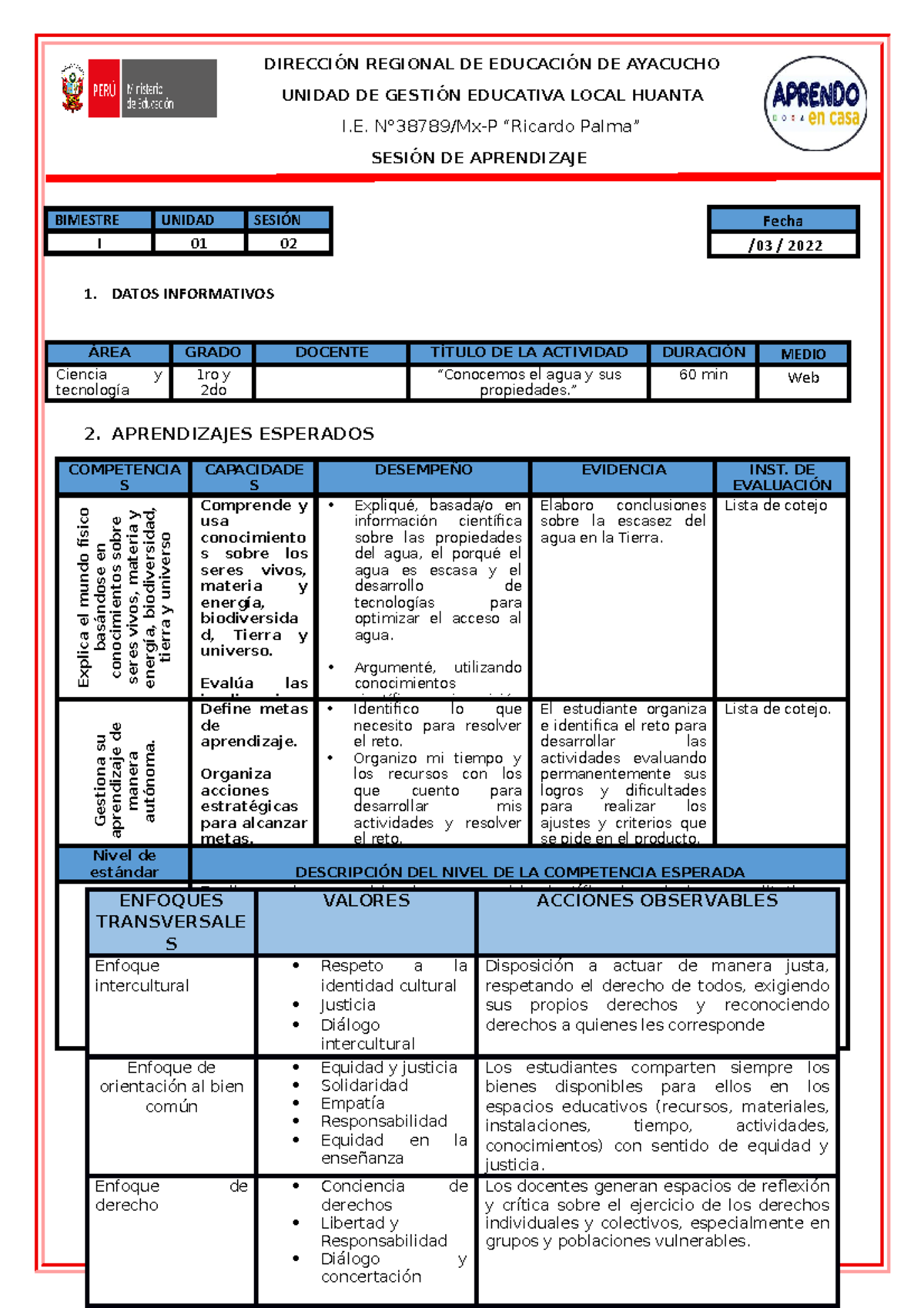 (1Y2) 1 Sesión DE CYT N° 2 - DIRECCIÓN REGIONAL DE EDUCACIÓN DE AYACUCHO UNIDAD DE GESTIÓN ...