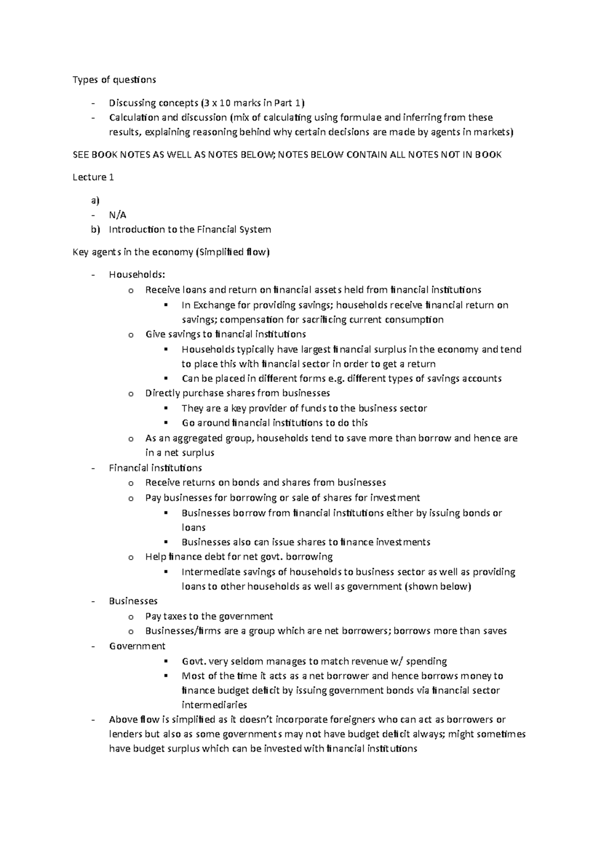 Summary Notes Lectures 1-4 - Types of questions Discussing concepts (3 ...