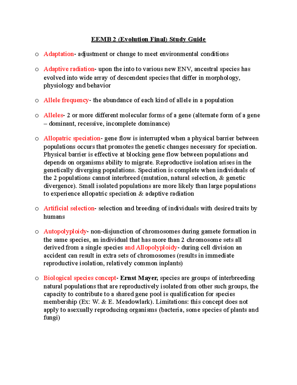 EEMB 2 Final Study Guide - EEMB 2 (Evolution Final) Study Guide o ...