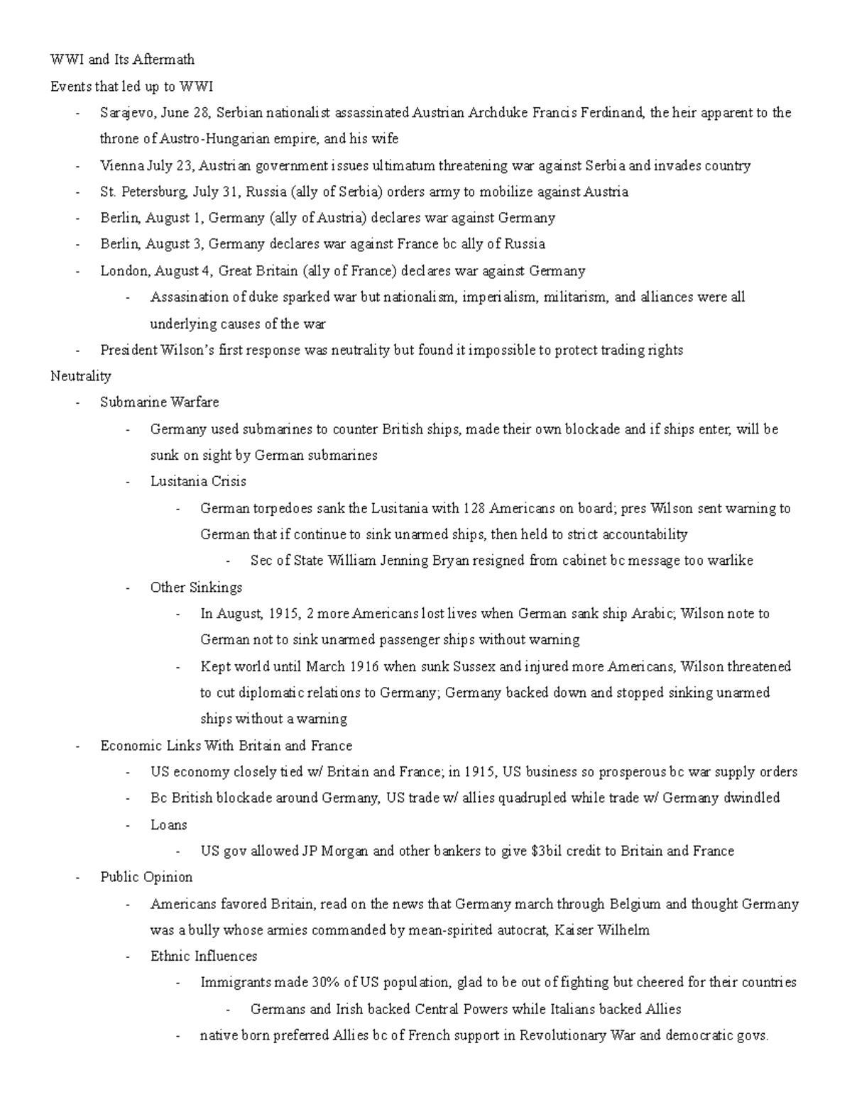 Apush Chapter 22 Notes - WWI and Its Aftermath Events that led up to ...