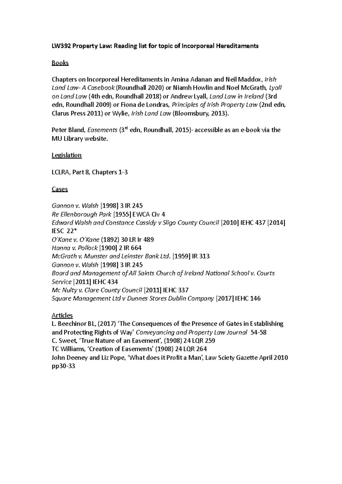 Reading list IH - LW392 Property Law: Reading list for topic of ...