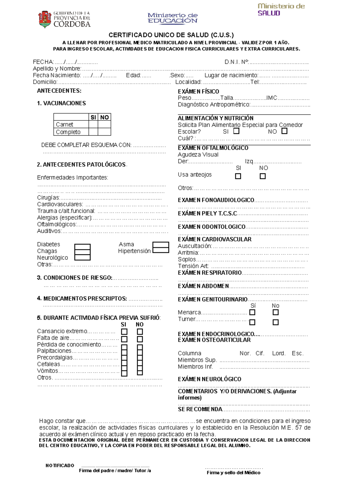 CUS - ..... - CERTIFICADO UNICO DE SALUD (C.U.) A LLENAR POR ...