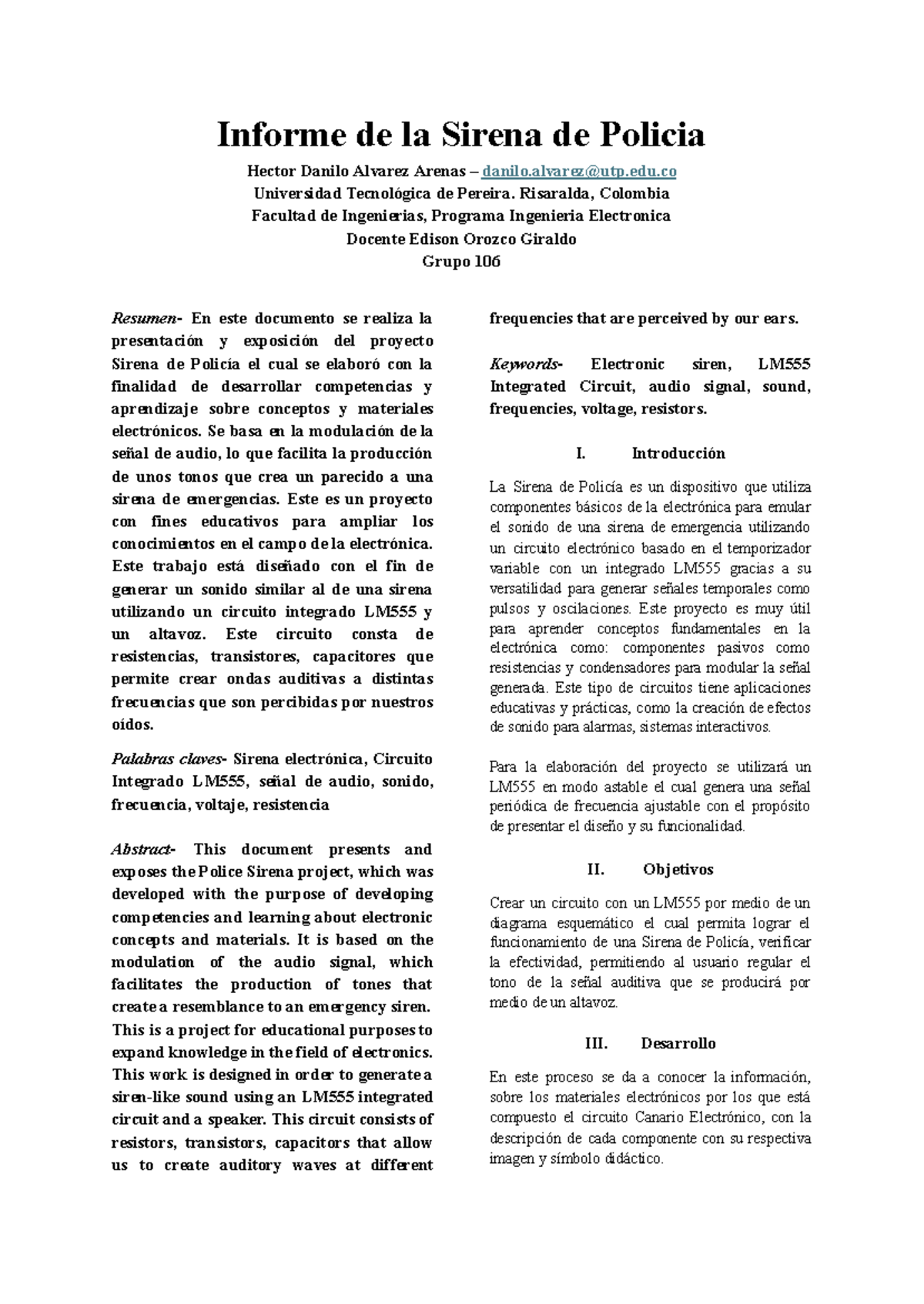 [Informe] Sirena de Policia - Informe de la Sirena de Policia Hector Danilo Alvarez Arenas ...