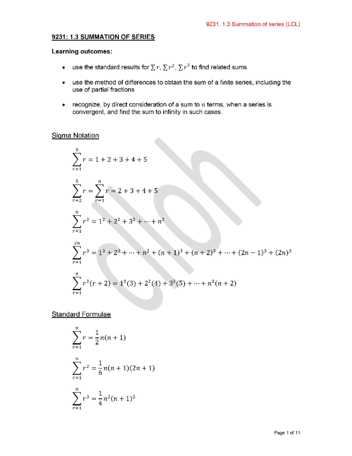 9231~1.3 Summation of series Notes - 9231: 1 Summation of series (LCL ...