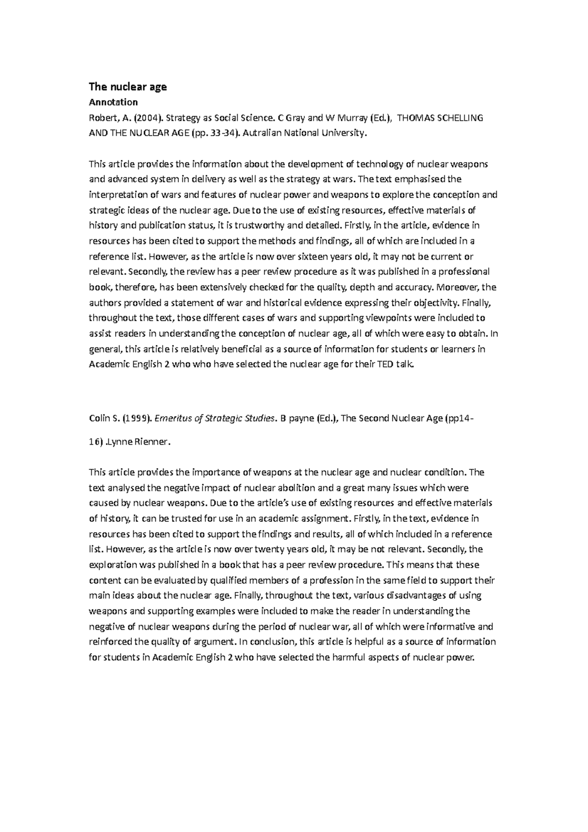 Annotation assessment 1 - The nuclear age Annotation Robert, A. (2004 ...