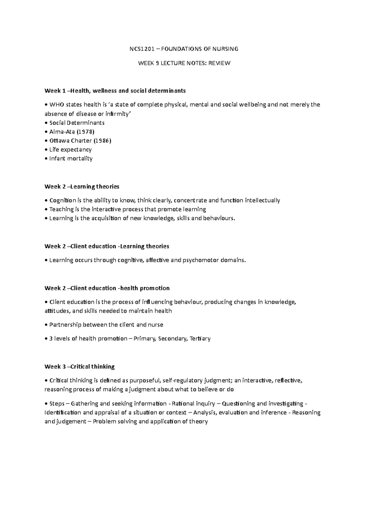 REVISION LECT NOTES - NCS1201 – FOUNDATIONS OF NURSING WEEK 9 LECTURE ...